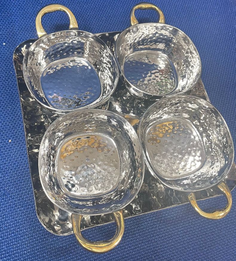 S/S Square Chutney Tray Thali With Gold Handle 4 Pot Relish Pickle Set