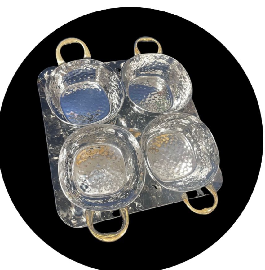 S/S Square Chutney Tray Thali With Gold Handle 4 Pot Relish Pickle Set